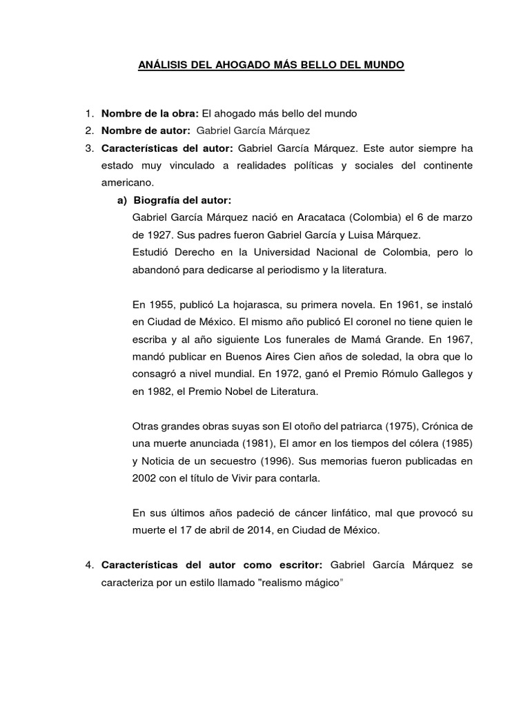 Análisis Del Cuento El Ahogado Mas Bello Del Mundo | PDF | Gabriel ...