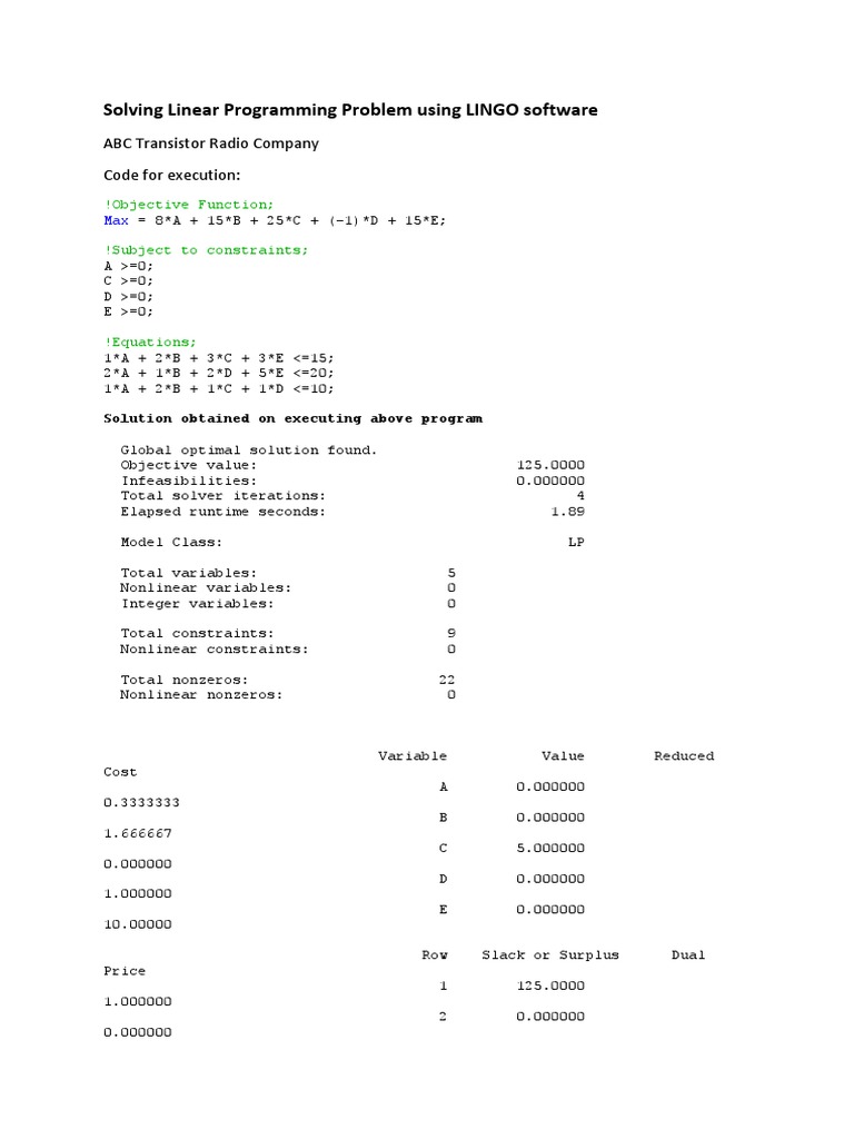 Solving Linear Programming Problem Using Lingo Software Abc Transistor Radio Company Code For