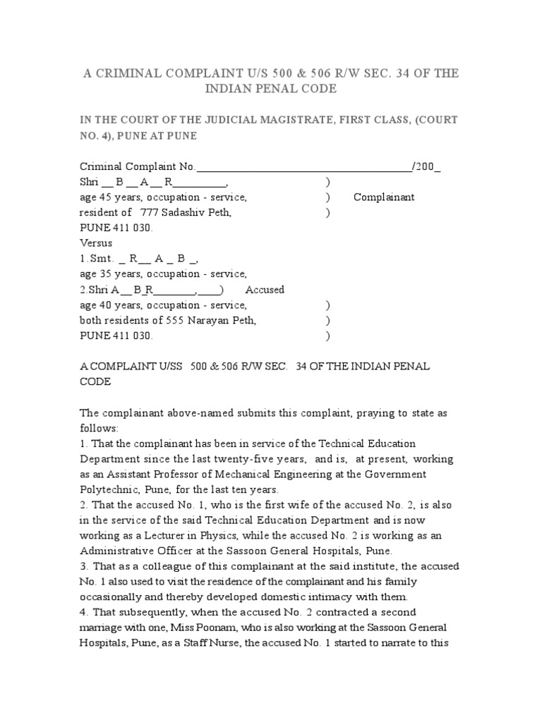 Criminal Complaint Us 500 & 506 RW Sec. 34 of The Indian Penal Code ...