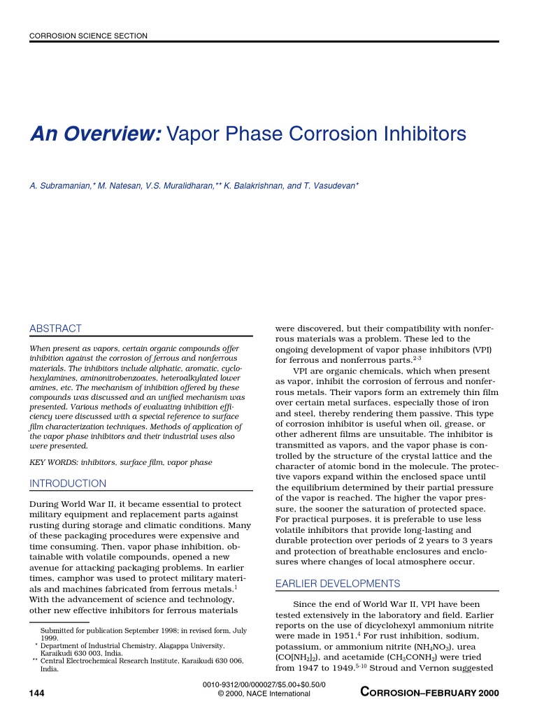 Vapor Phase Corrosion Inhibitors: An Overview | PDF | Amine | Corrosion
