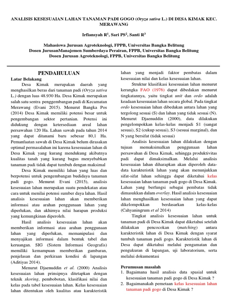 ANALISIS KESESUAIAN LAHAN TANAMAN PADI GOGO (Oryza Sativa L.) DI DESA KIMAK KEC. MERAWANG | PDF
