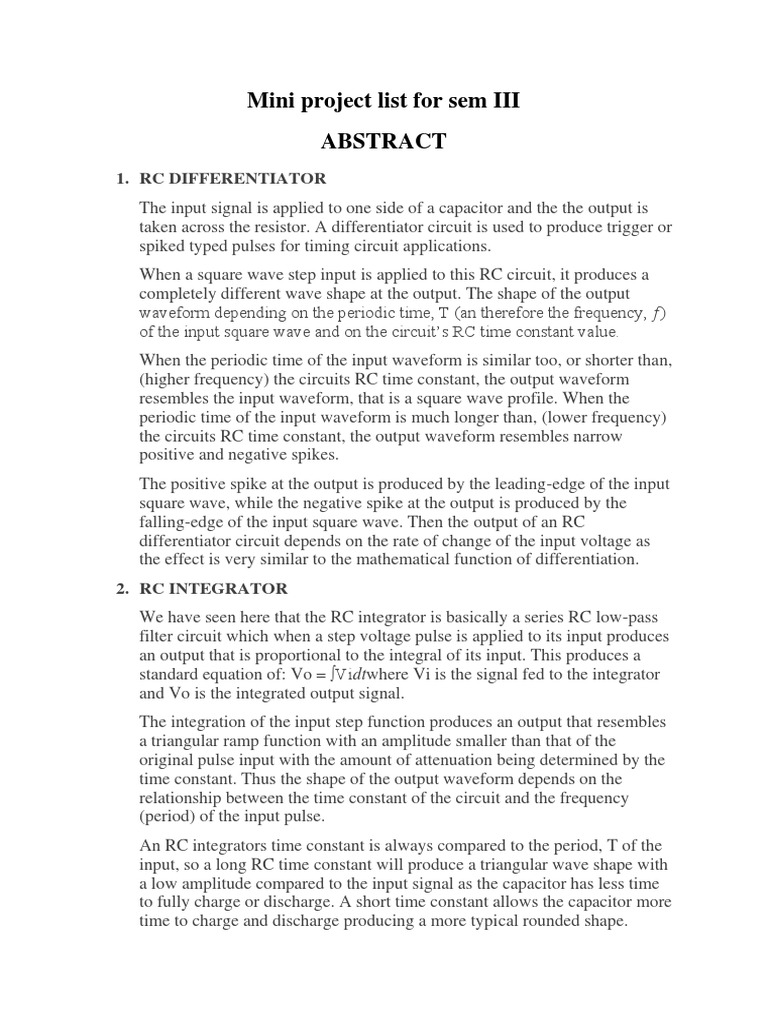 Mini Project List For Sem III: 1. RC Differentiator | PDF | Low Pass ...