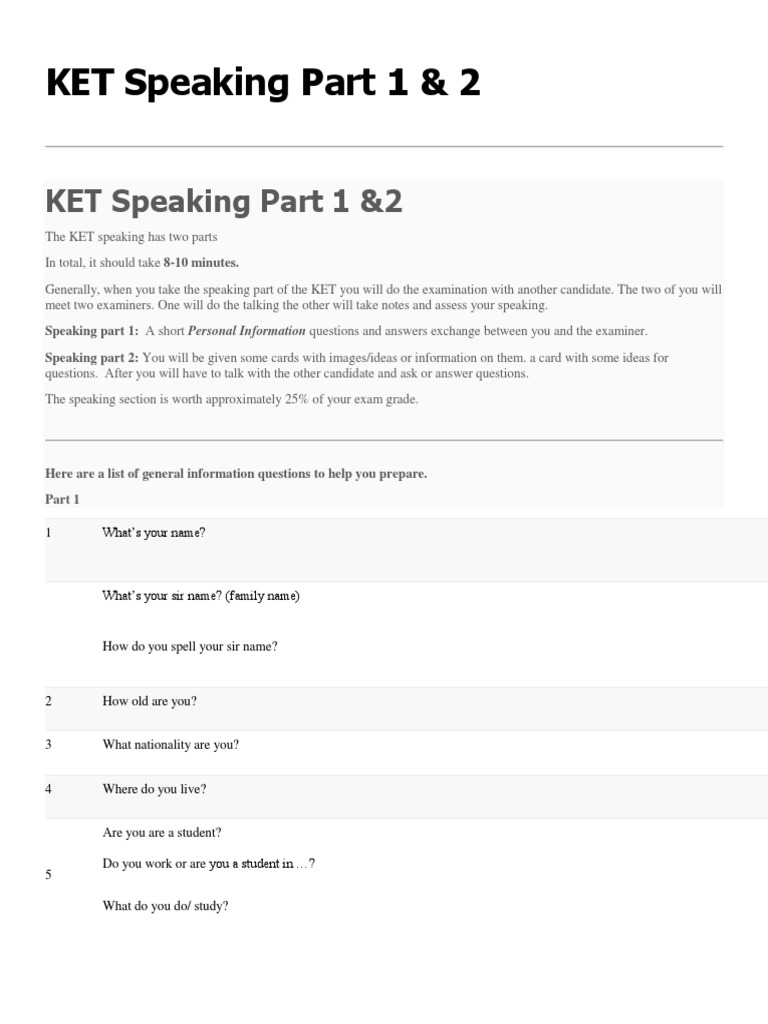 KET Speaking Part 1 | PDF