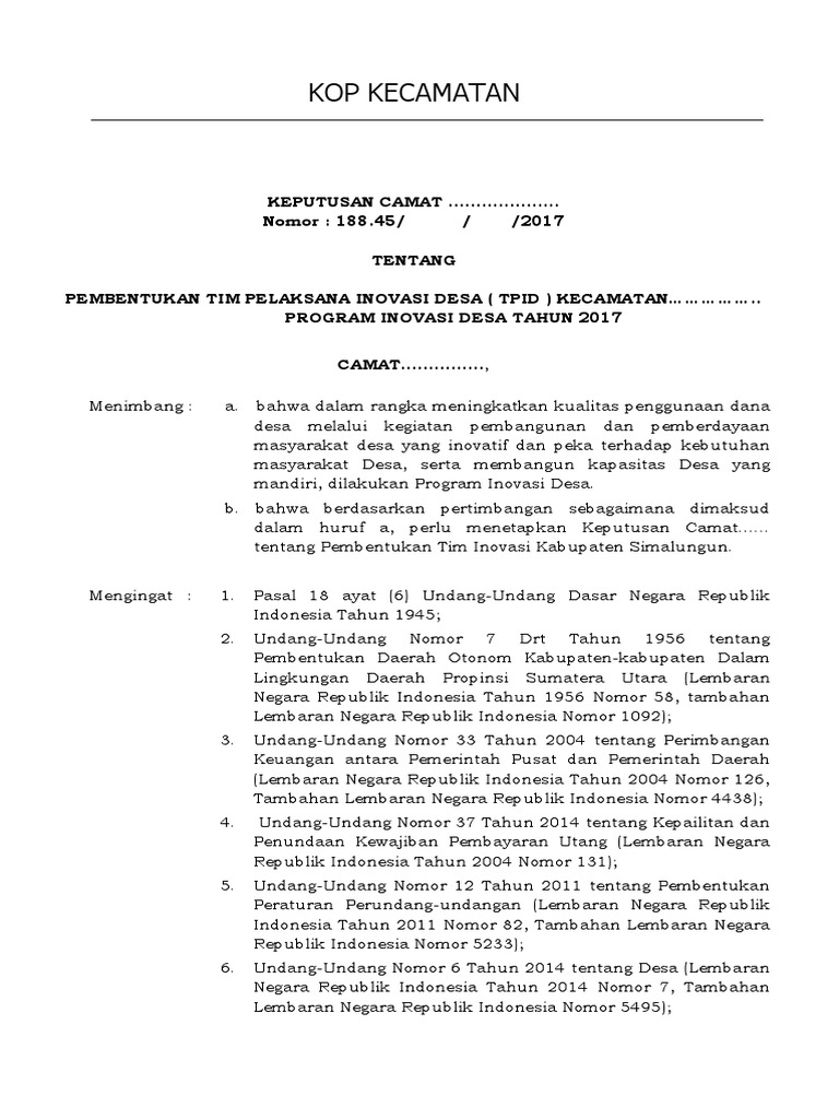 SK Tim TPID - Camat | PDF