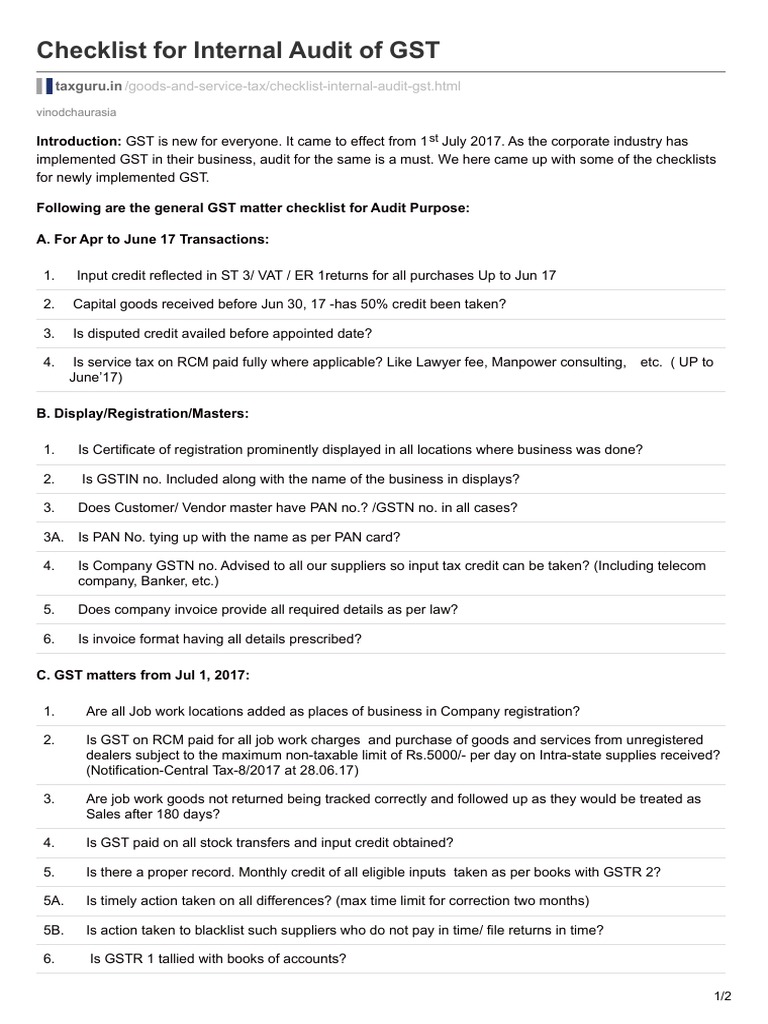 Taxguru - In-Checklist For Internal Audit of GST | PDF | Value Added ...