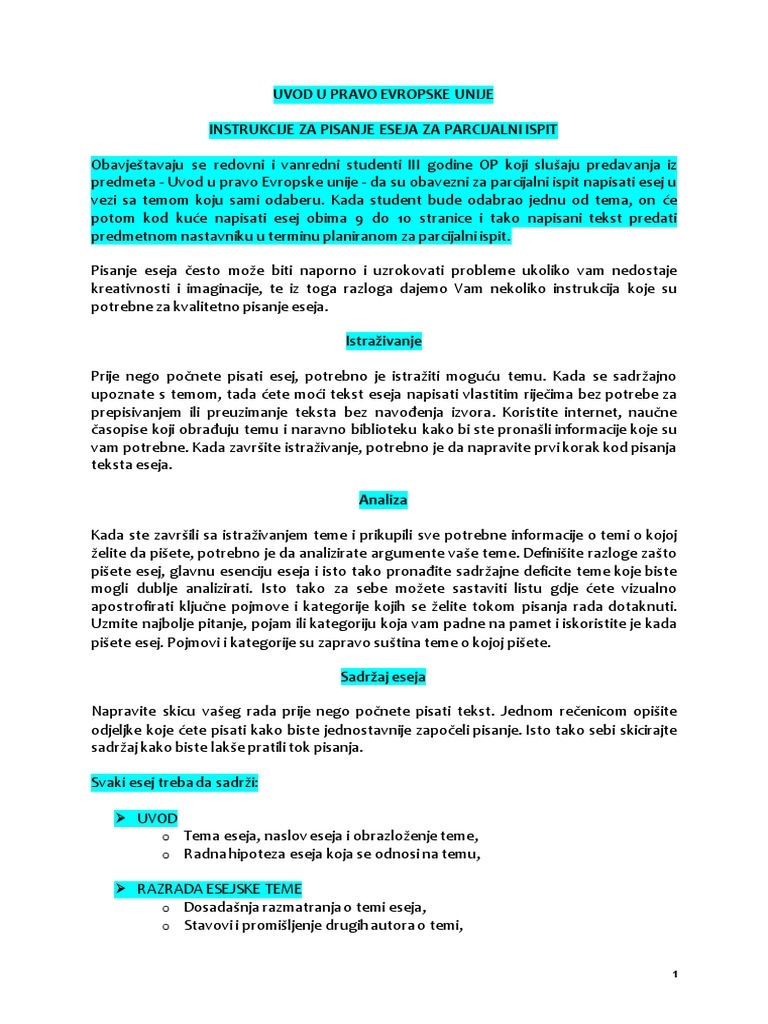 Pravila Pisanje Eseja Upeu Parcijalni Ispit PDF | PDF