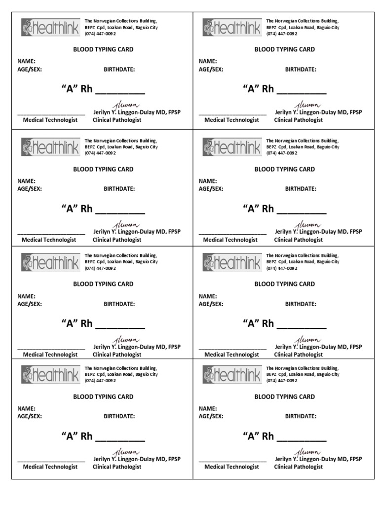 "A" RH - "A" RH - : Blood Typing Card Blood Typing Card | Download Free ...