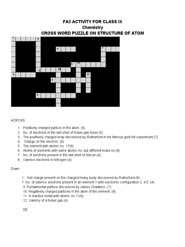 Fa3 Activity For Class Ix Chemistry Cross Word Puzzle On Structure of ...