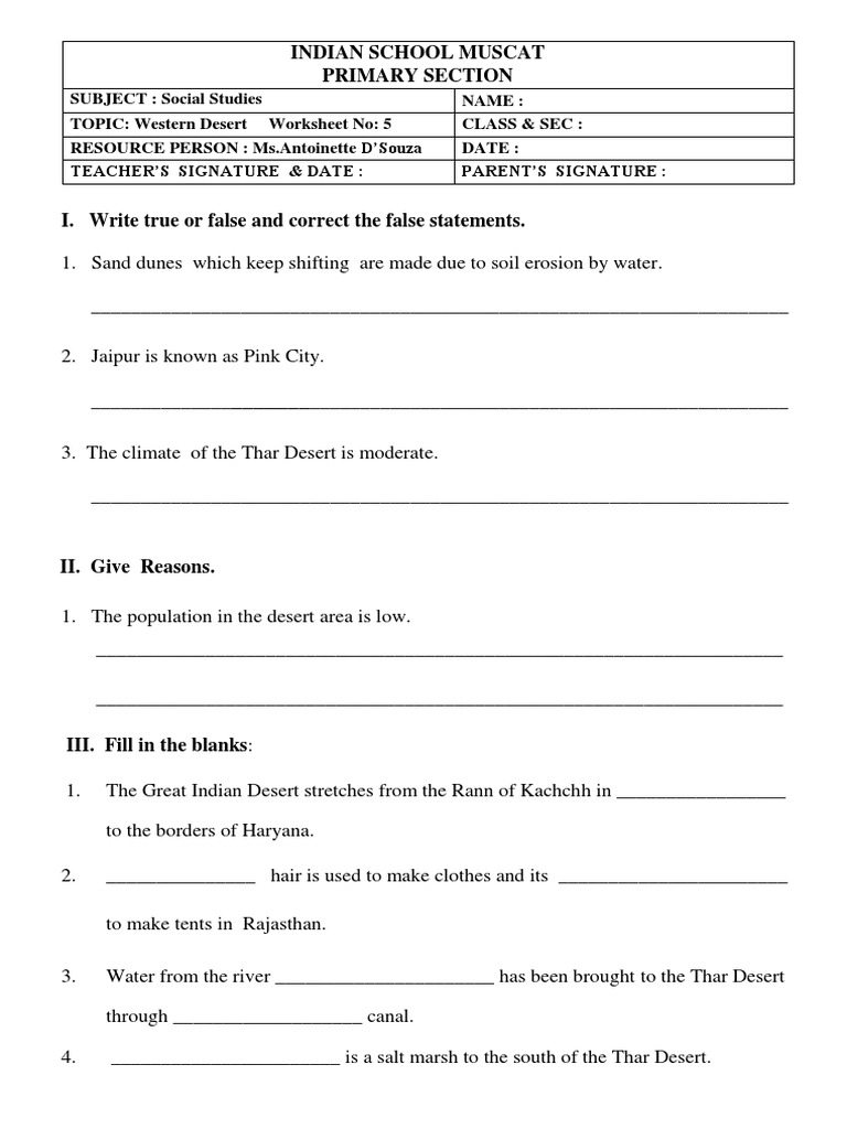 Class IV S.ST - Worksheet The Western Desert | PDF