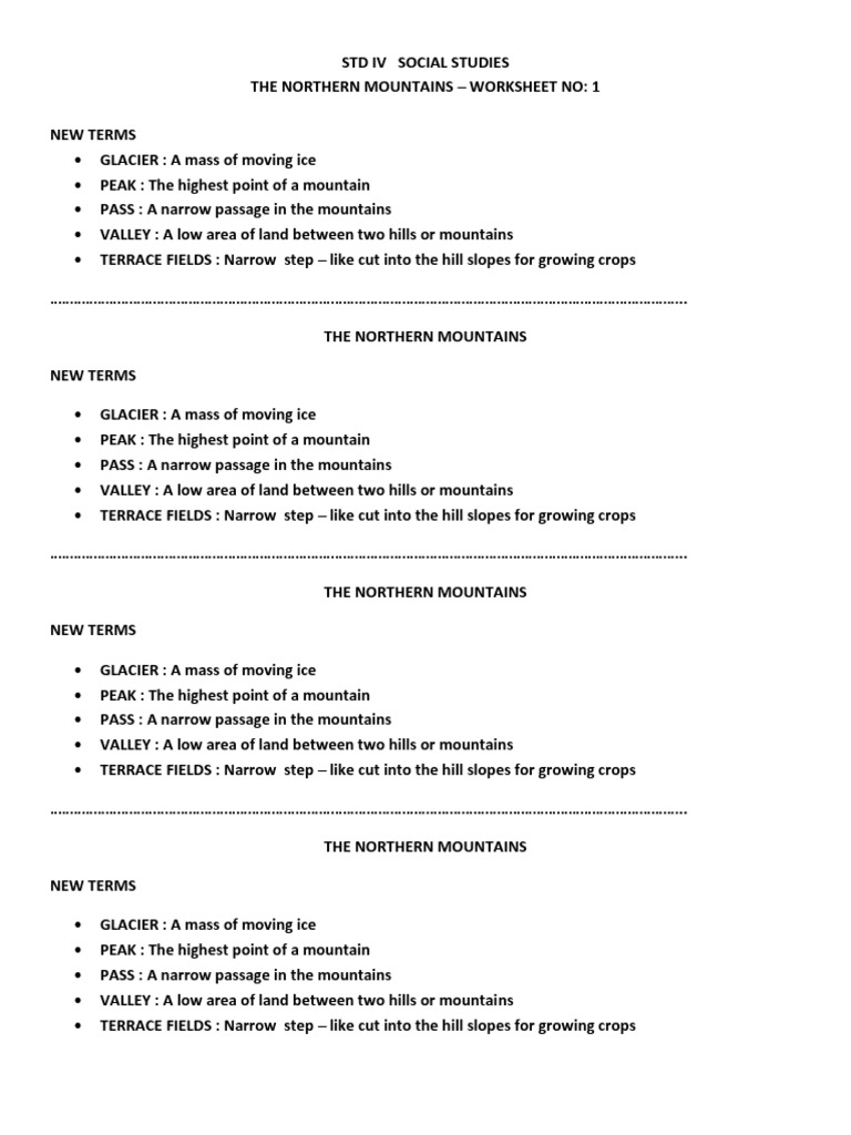 Class IV Social StudiesThe Northern Mountains Worksheet No 1 PDF | PDF