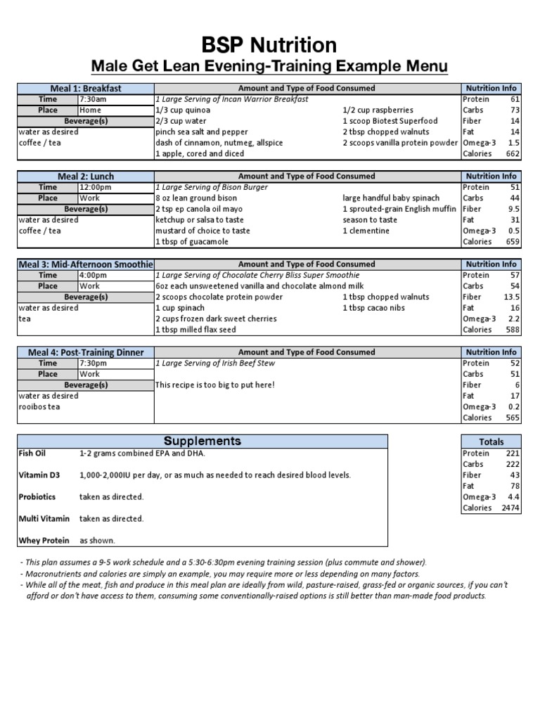 Male Get Lean Evening-Training Example Menu | PDF | Chocolate | Meal