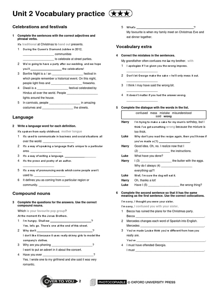 Practice unit 2 vocabulary and celebrations festivals | PDF ...