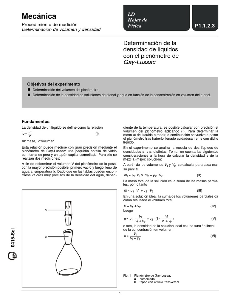 Densidad de Liquidos Con Picnometro PDF | PDF | Densidad | Volumen
