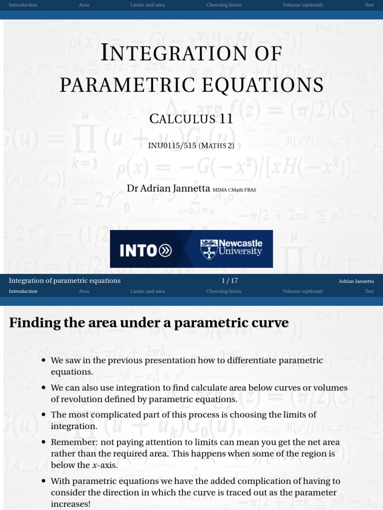 Ntegration of Parametric Equations: Alculus | PDF | Integral | Volume