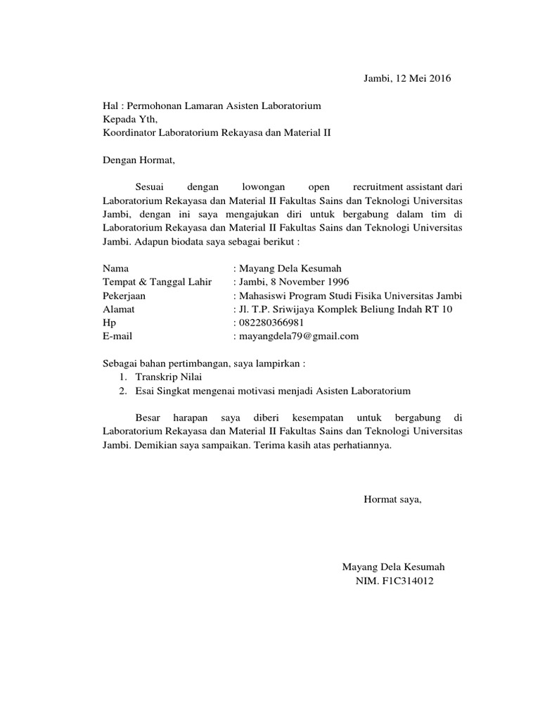 Contoh Surat Lamaran Aslab | PDF