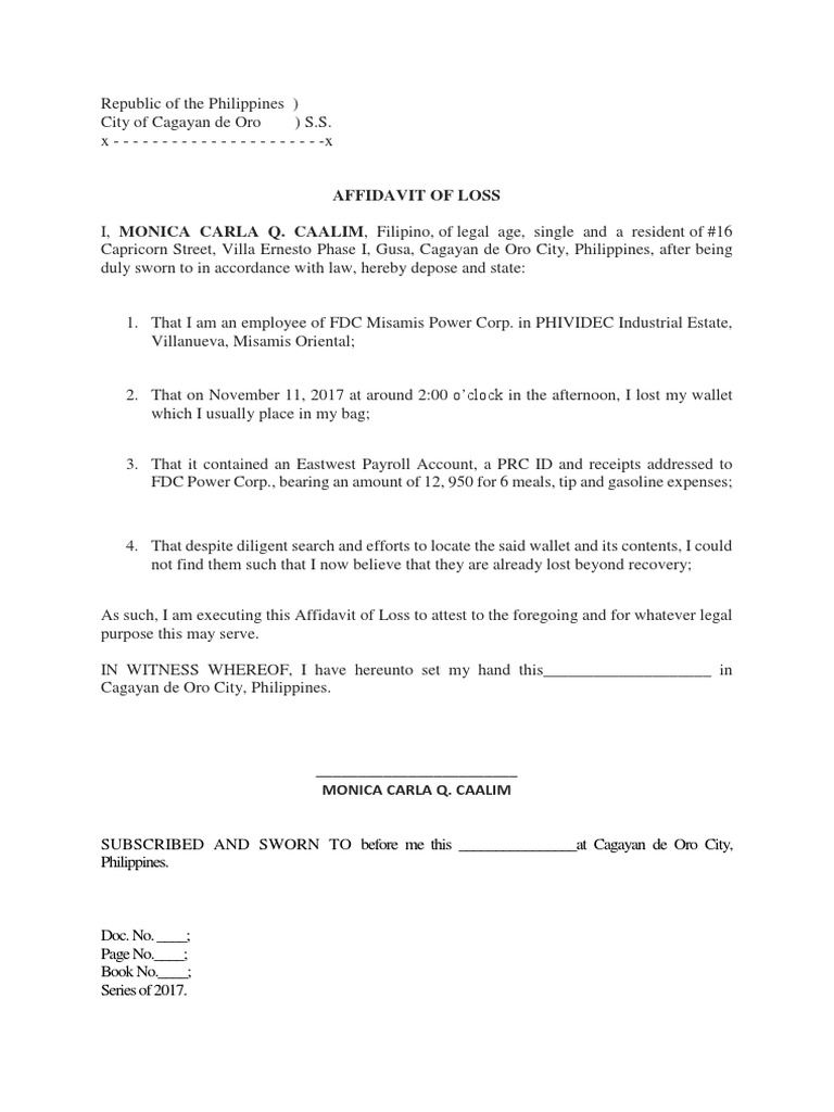 Affidavit of Loss Caalim | PDF