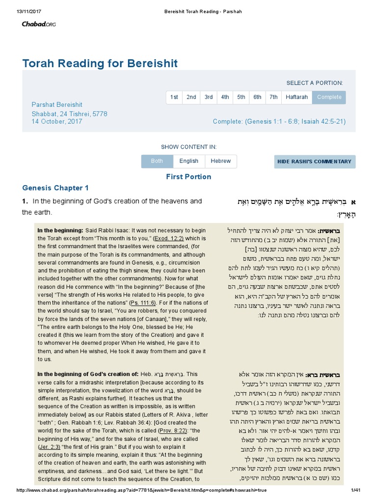 Bereishit Torah Reading - Parshah | PDF | Bereshit (Parsha) | Jewish Law And Rituals