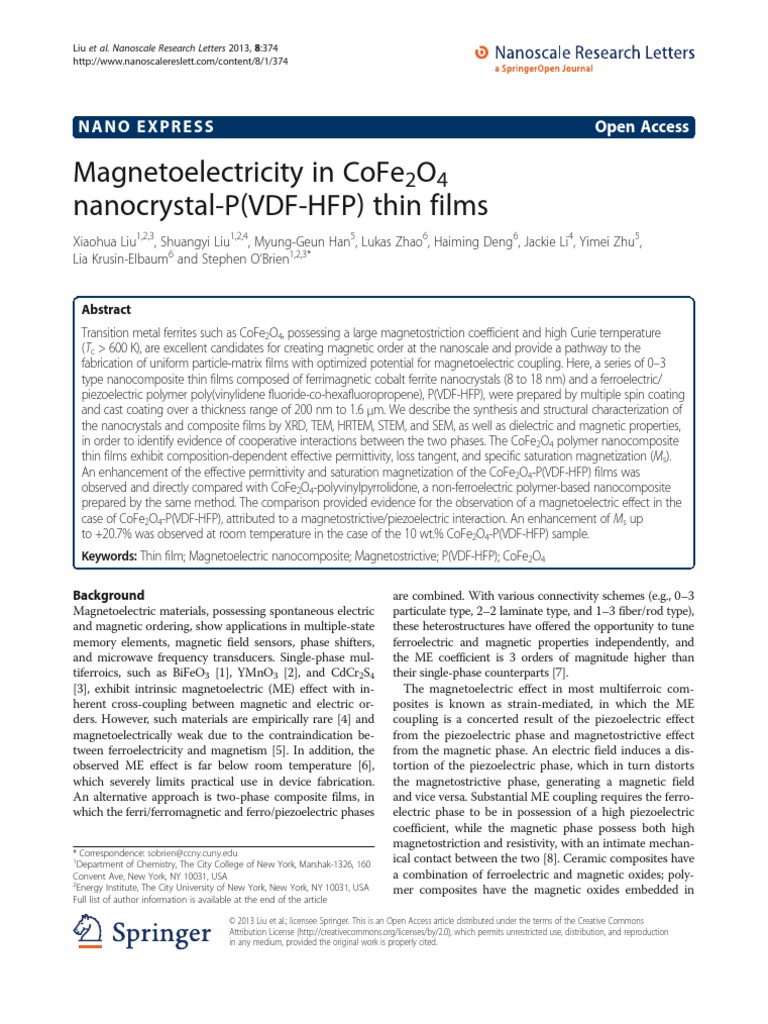 Magnetoelectricity in Cofe O Nanocrystal-P (VDF-HFP) Thin Films ...