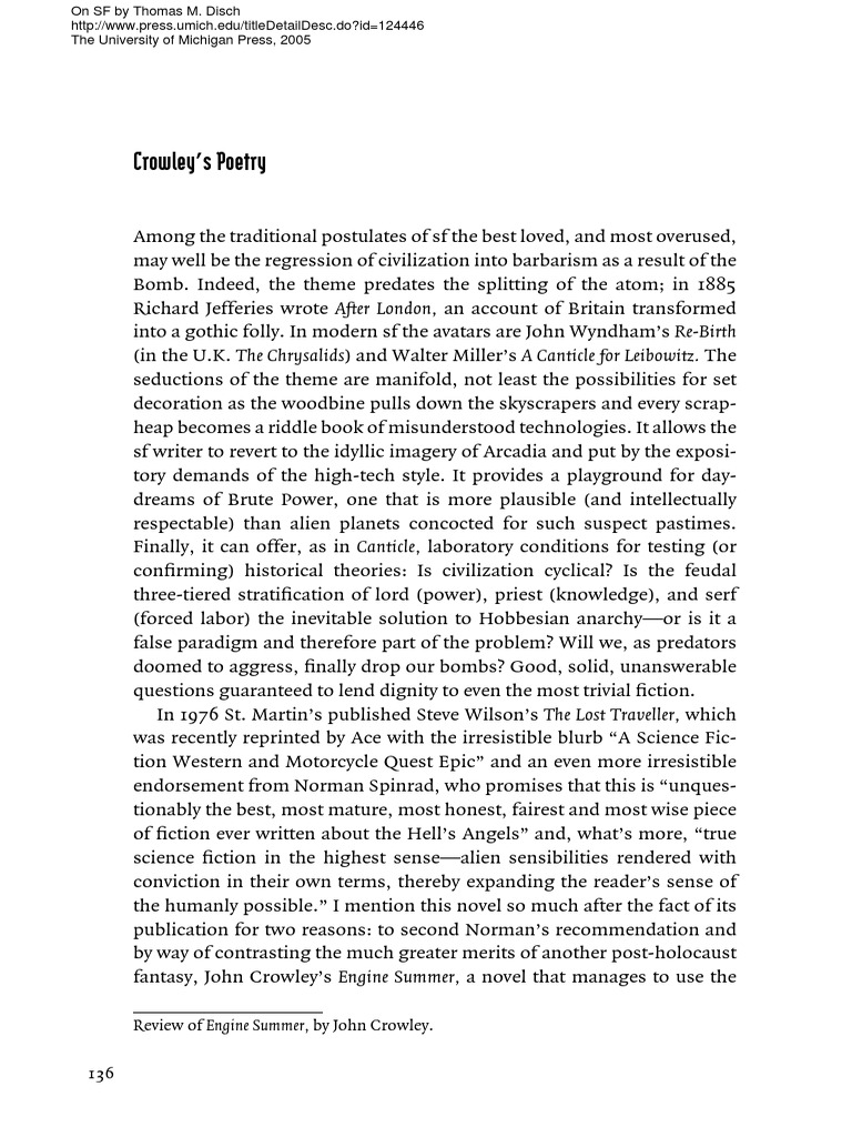 Crowley S Poetry: Review of Engine Summer, by John Crowley | PDF