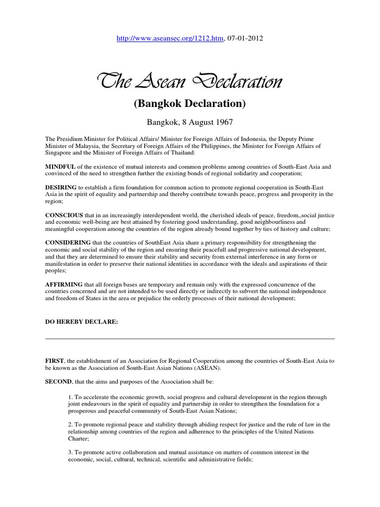 ASEAN Declaration 8 August 1967 | PDF | Association Of Southeast Asian ...