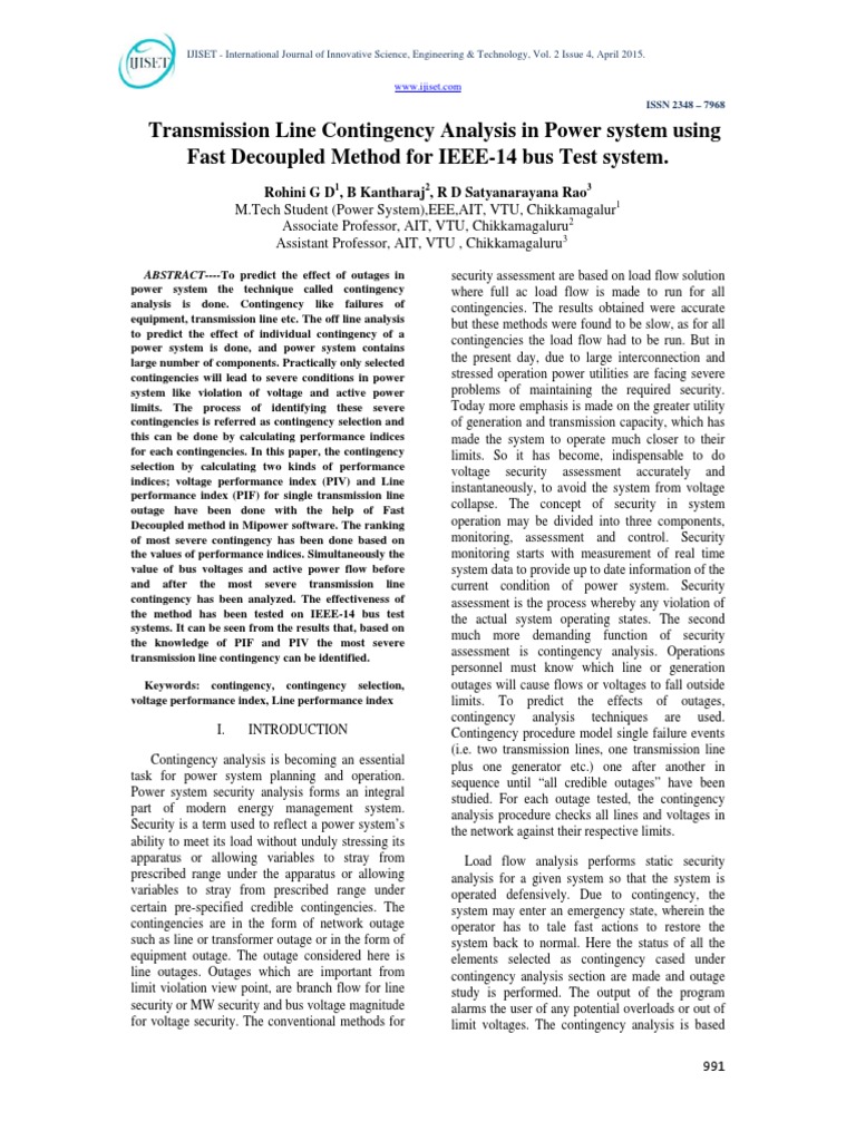 Transmission Line Contingency Analysis in Power System Using Fast ...