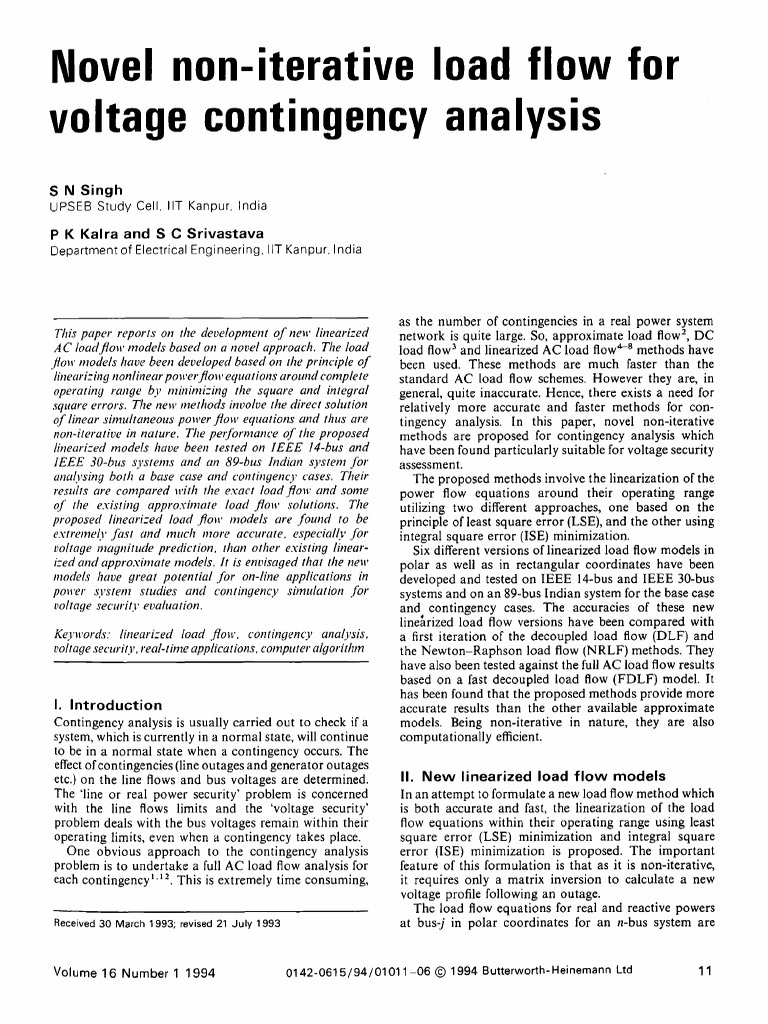 Novel Non-Iterative Load Flow For Voltage Contingency Analysis | PDF | Nonlinear System | Equations