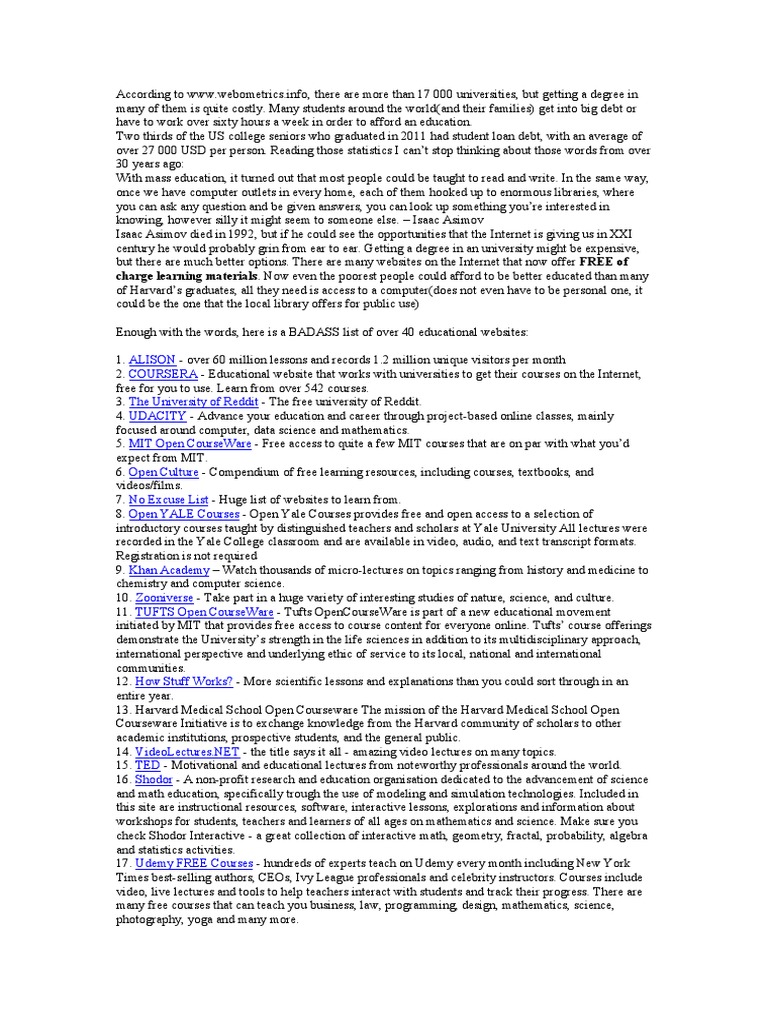 Free Online Learning Resources List | PDF | Educational Technology ...