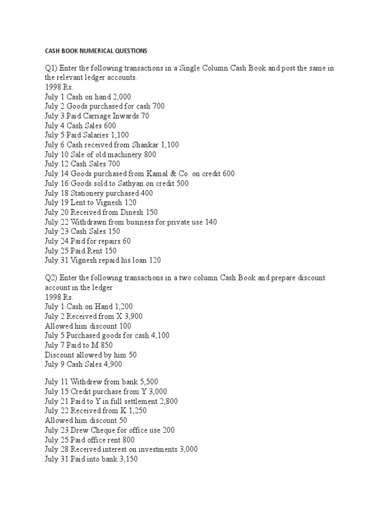 Cash Book Numerical Questions | PDF