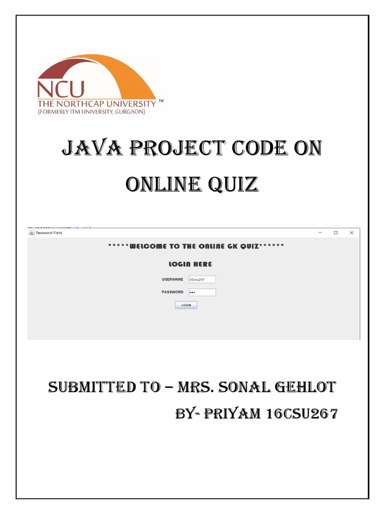 Java Project Code On Online Quiz: SUBMITTED TO - Mrs. Sonal Gehlot ...