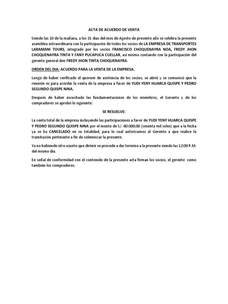 Acta de Acuerdo de Venta | PDF