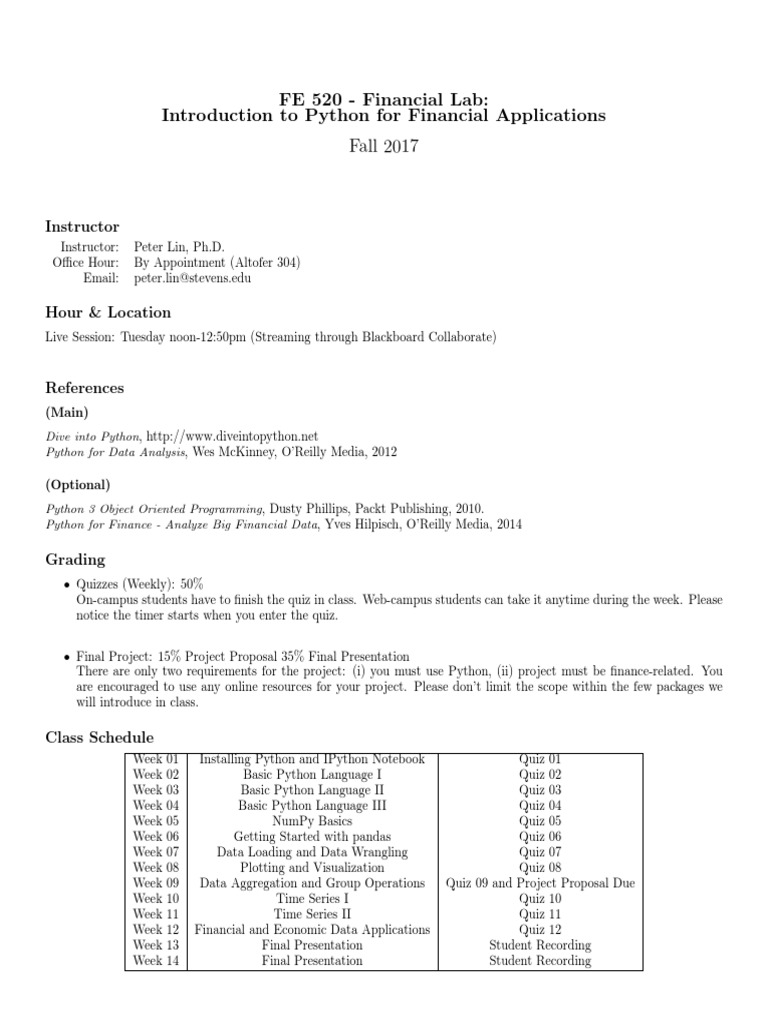Syllabus - FE 520 - Fall 2017 (1) | Python (Programming Language) | Quiz