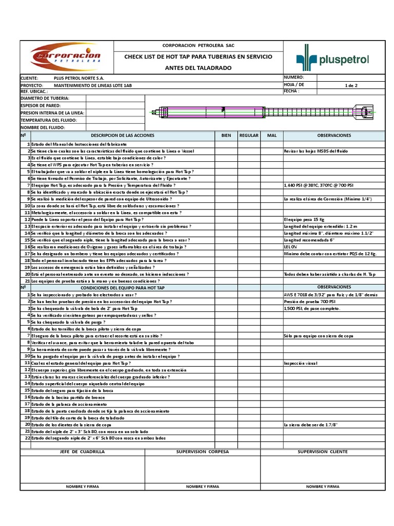 Check List de Hot Tap - Inicio (1).xlsx | Soldadura | Herramientas