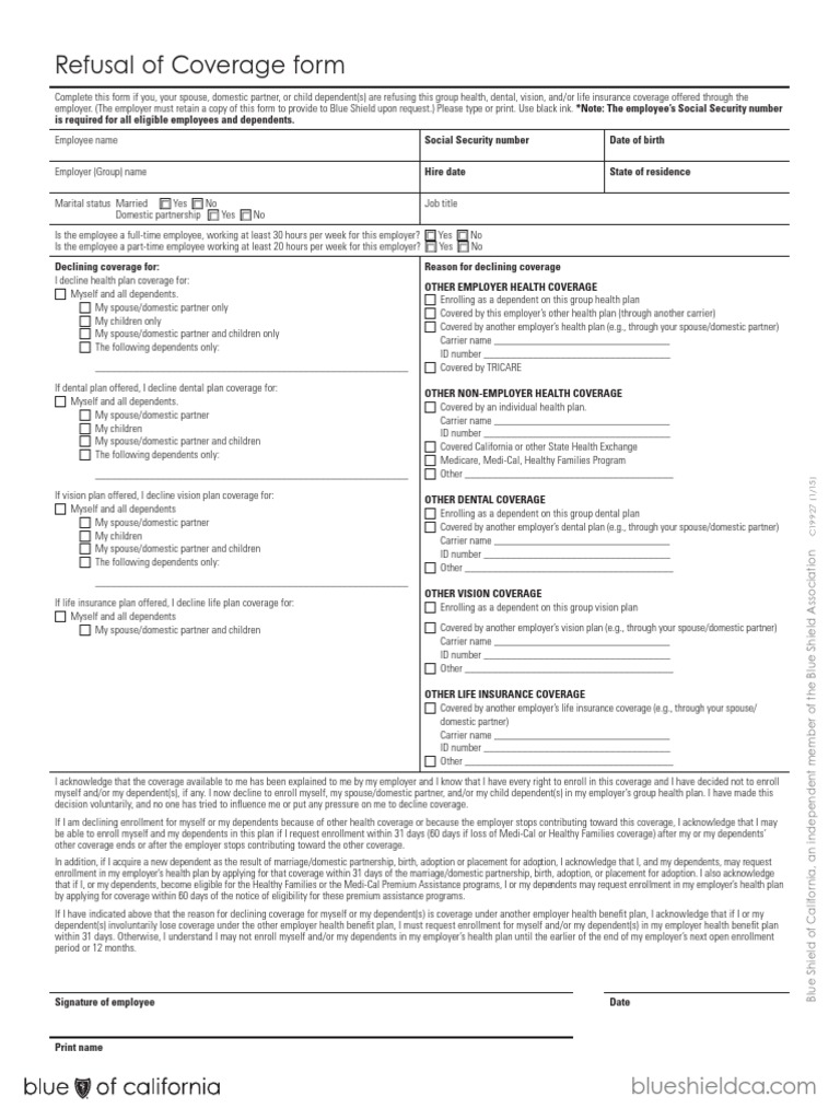 Refusal of Coverage Form | PDF | Domestic Partnership | Employment