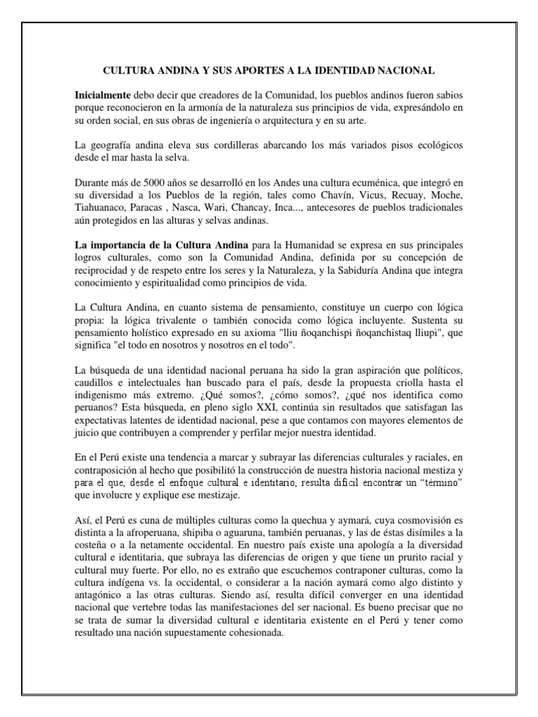 Cultura Andina y Sus Aportes A La Identidad Nacional | PDF | Nación | Perú