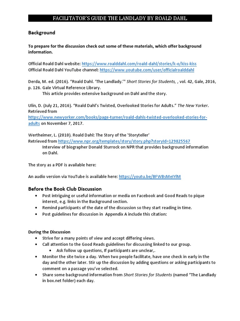 "The Landlady" Discussion Guide | PDF