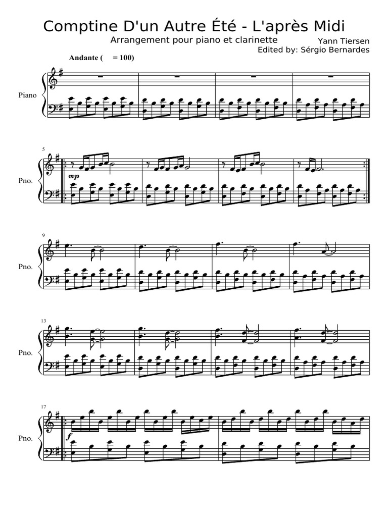 Yann Tiersen Comptine Dun Autre Ete Lapres Midi Pdf Pdf