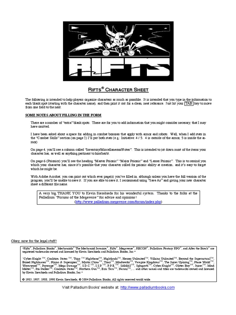 Rifts Main Sheet PDF | PDF | Role Playing Games | Role Playing