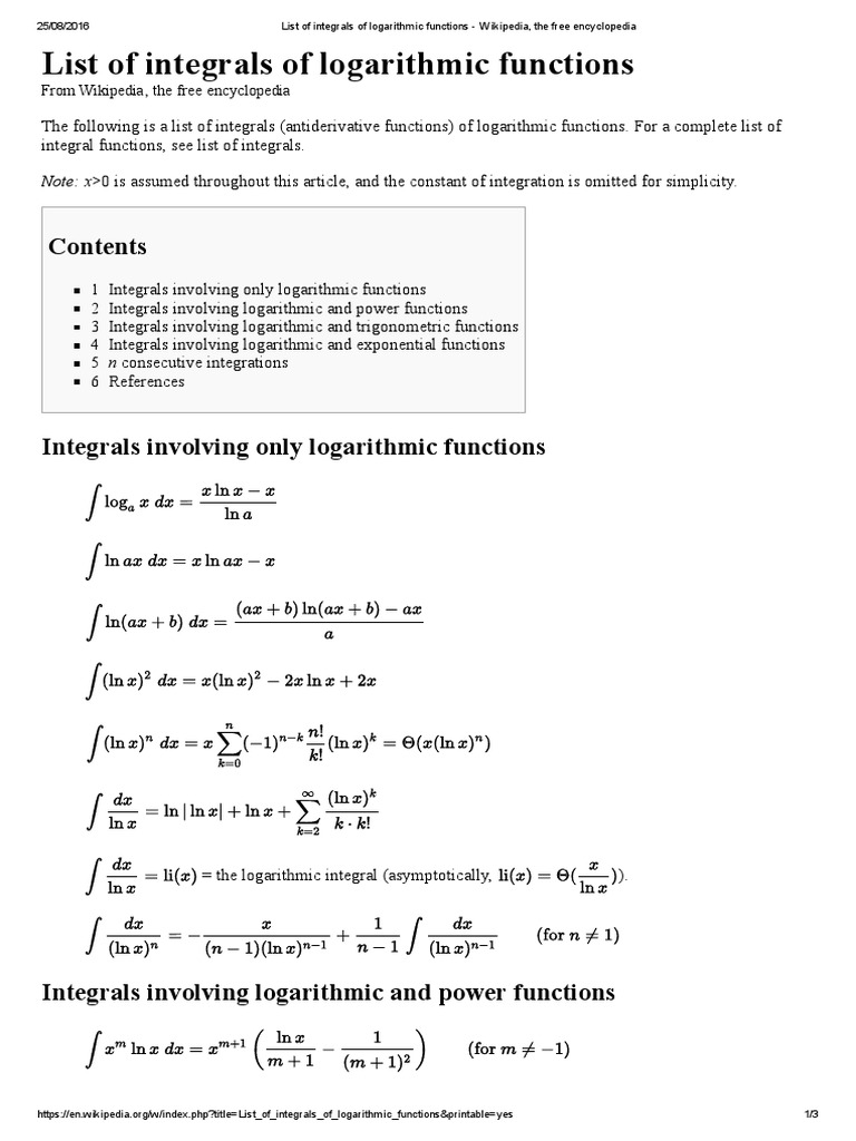 List of Integrals of Logarithmic Functions - Wikipedia, The Free ...