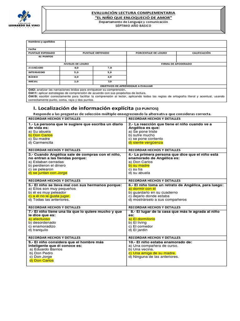 El Nino Que Enloquecio de Amor - Docx Respuesta | PDF