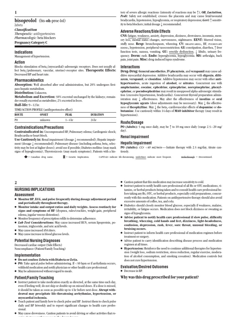 Comprehensive Drug Monograph on Bisoprolol (Zebeta) for the Management ...