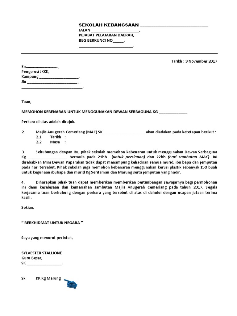 Surat Memohon Meminjam Dewan Kampung Utk Acara Rasmi | PDF