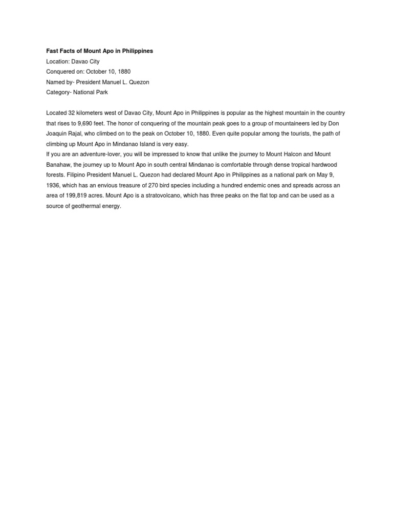 Fast Facts of Mount Apo in Philippines | PDF