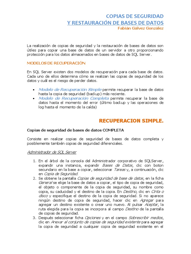 Copias de Seguridad y Restauración de Bases de Datos | PDF | Apoyo ...