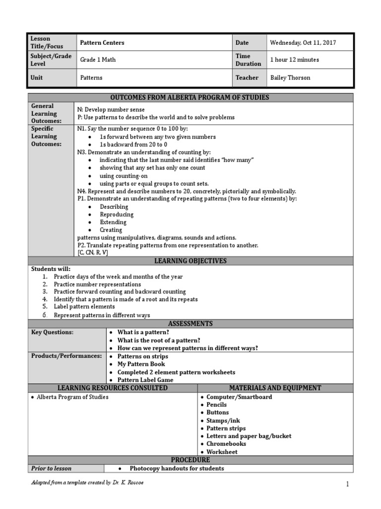Grade 1 Lesson 9 Pattern Centers | PDF | Educational Assessment | Learning