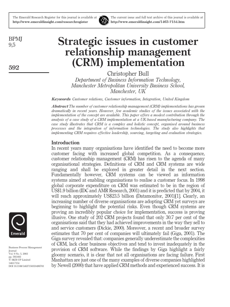 Strategic Issues in Customer Relationship Management (CRM) Implementation: A Case Study Analysis ...