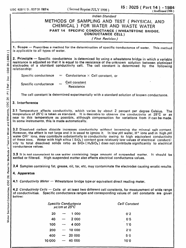 IS 3025 Part 14: Conductivity Testing | PDF | Solubility | Ion