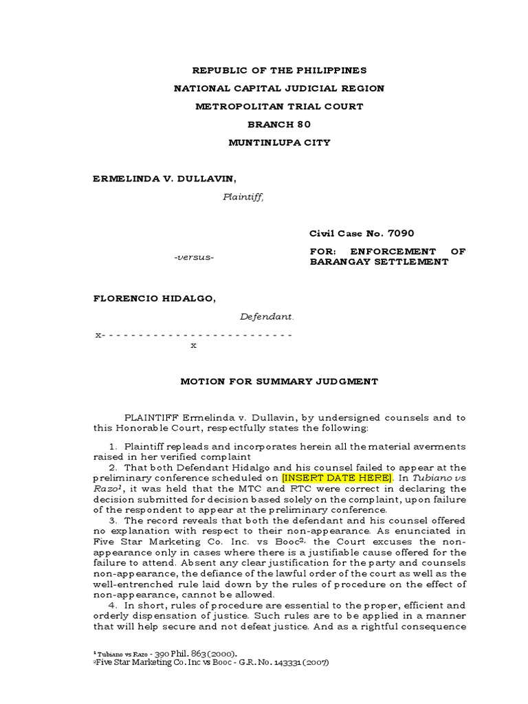 Motion For Summary Judgment | PDF | Summary Judgment | Complaint