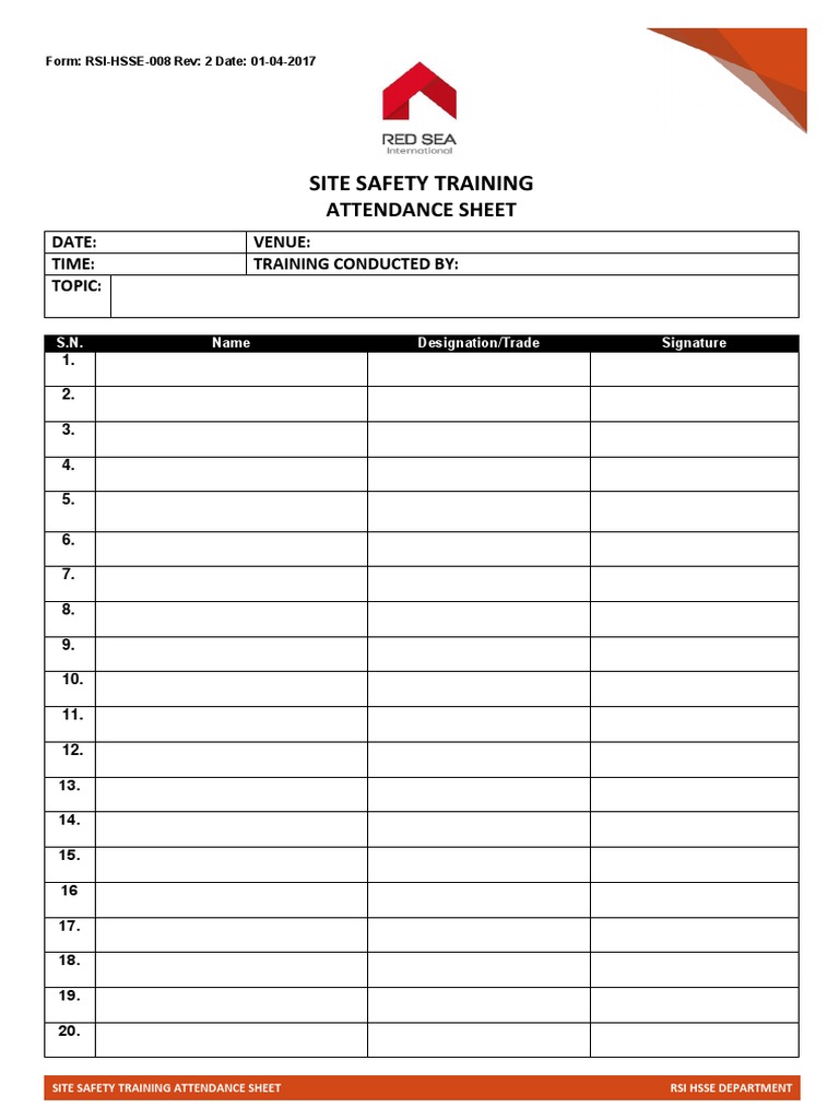 Site Safety Training Attendance Sheet | PDF