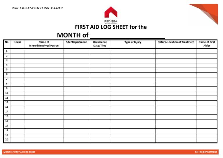 Monthly First Aid Log Sheet | PDF