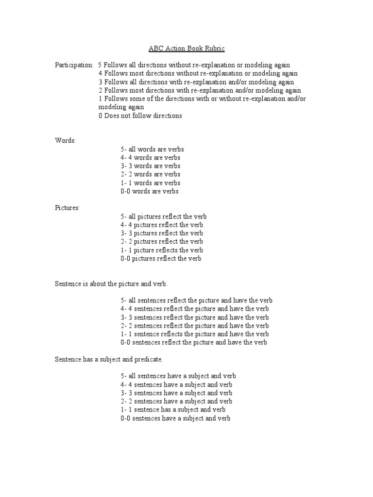 ABC Action Book Assessment Rubric | PDF | Subject (Grammar) | Sentence ...